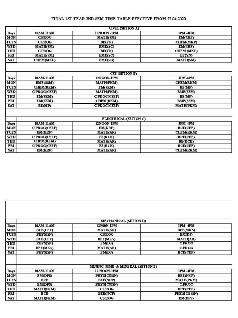 1646online Class Time Table For 1st Year 2nd Semester201920 | PDF