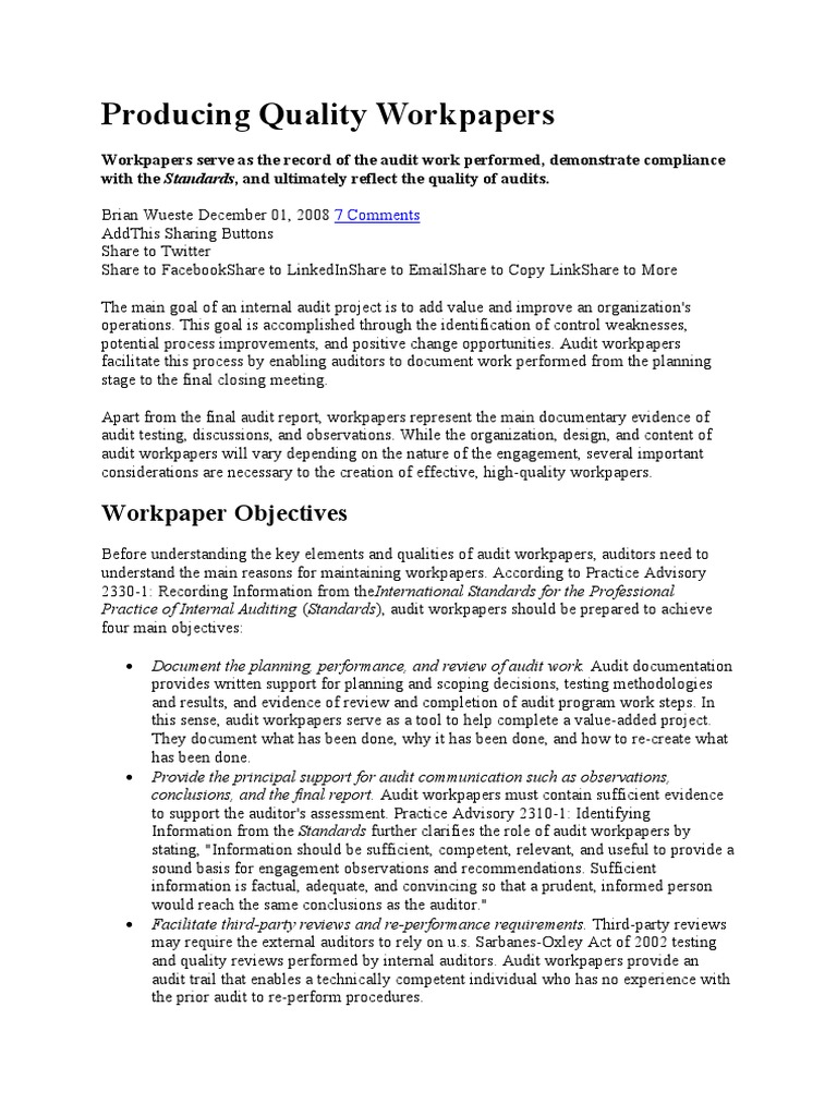 Producing Quality Workpapers: Workpaper Objectives | PDF | Internal ...