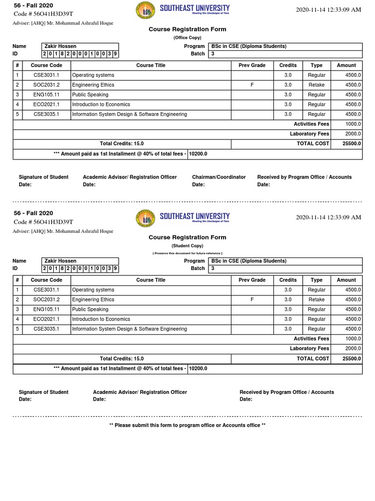 Fall 2020 Course Registration Form | PDF | Learning | Business