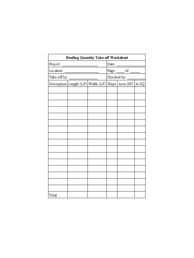Roofing Quantity Take-Off Worksheet | PDF