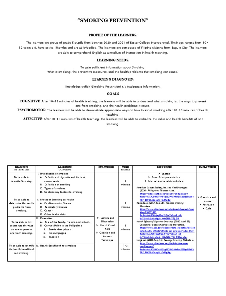CHN 2 SMOKING PREVENTION Health Teaching Plan | PDF | Tobacco Smoking ...