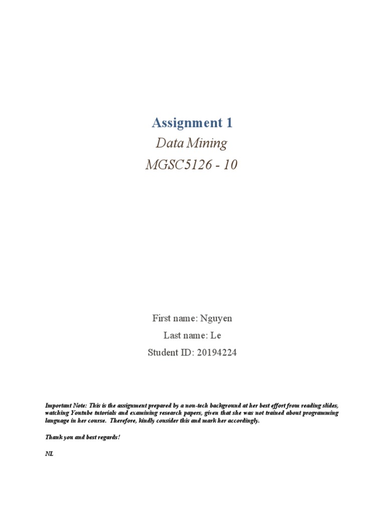 Assignment 1: Data Mining MGSC5126 - 10 | PDF | Algorithms And Data Structures | Data Management