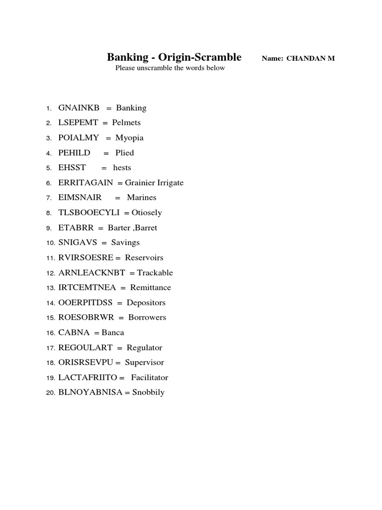 Banking Word Unscramble Puzzle | PDF