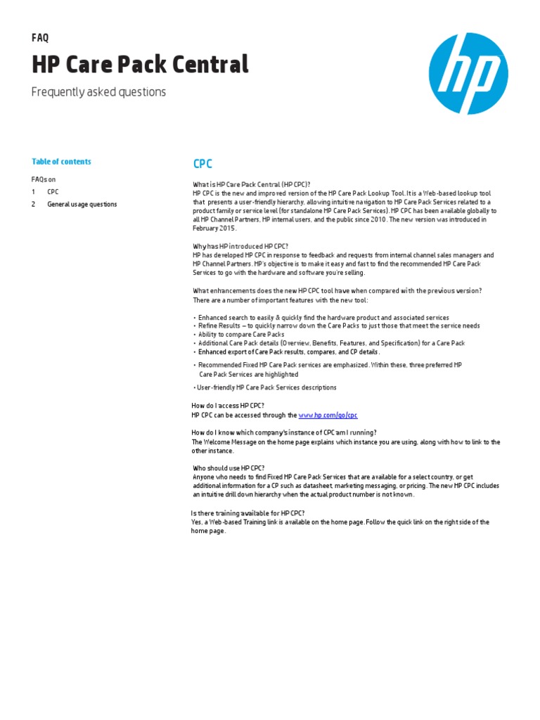 HP Care Pack Central: Frequently Asked Questions | PDF | Usability ...