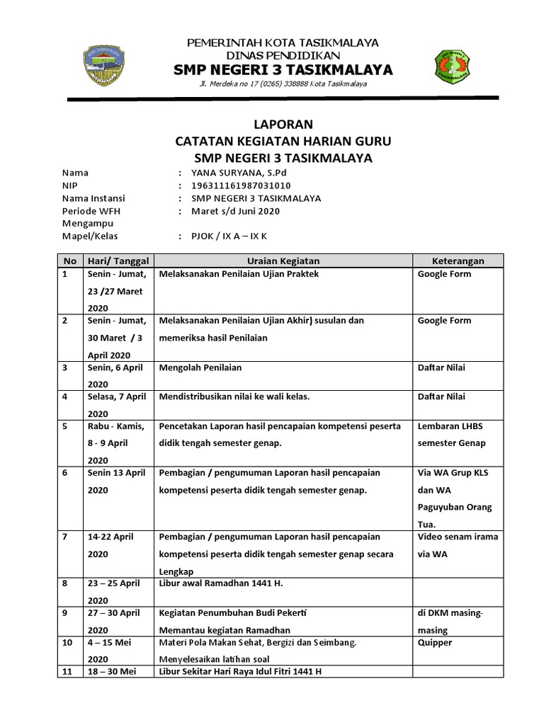 Laporan Kegiatan Guru SMP 3 | PDF
