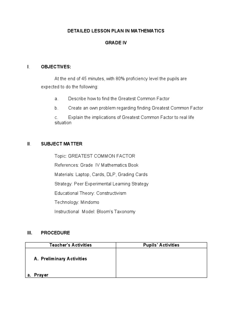 Detailed Lesson Plan in Mathematics | PDF | Lesson Plan | Cognition