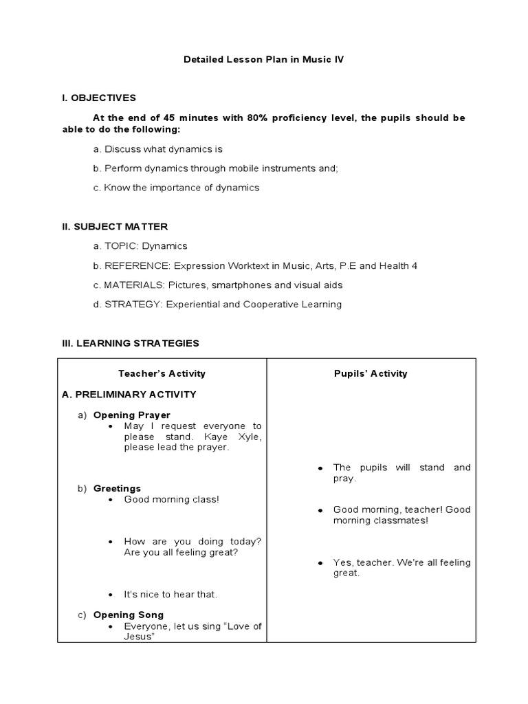 RASGO - Edited Lesson Plan in Music IV | PDF | Lesson Plan | Piano