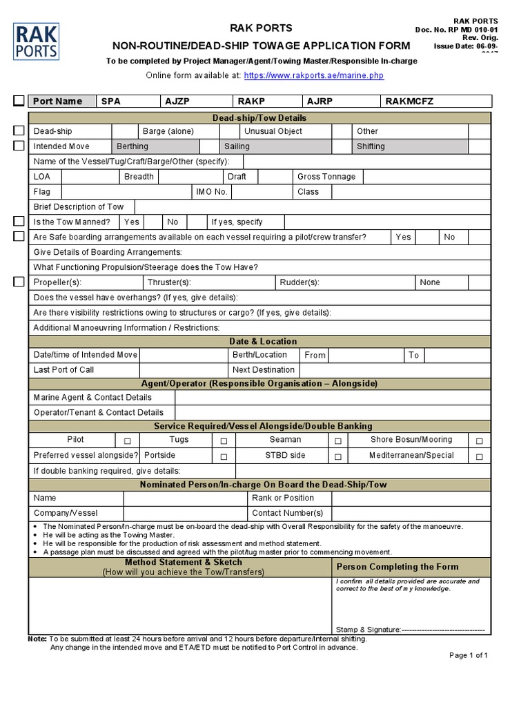 Rak Ports Non-Routine/Dead-Ship Towage Application Form: Port Name SPA ...