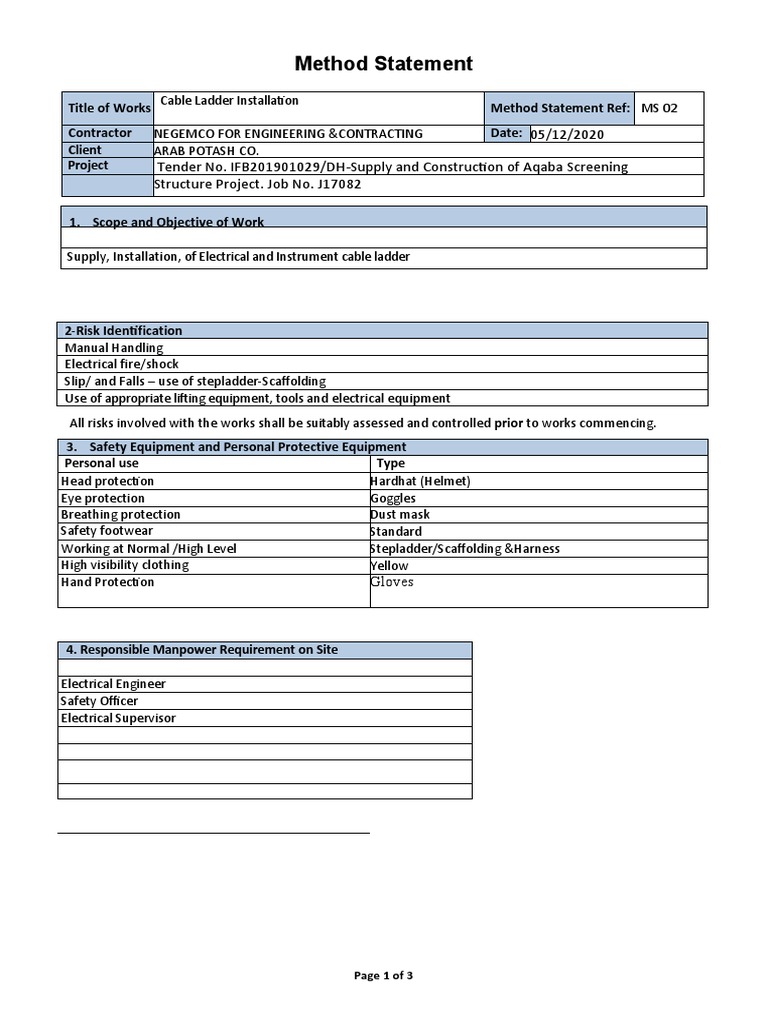 Cable Ladder Method of Statement. | Download Free PDF | Personal ...
