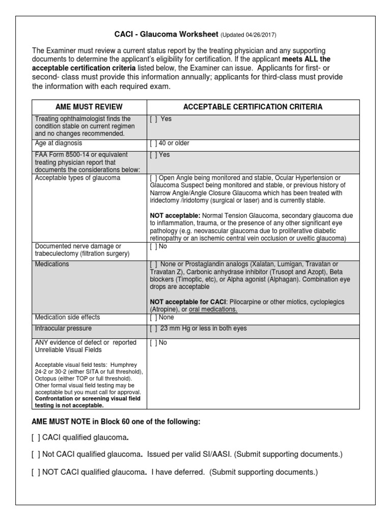 CACI - Glaucoma Worksheet: Acceptable Certification Criteria Listed ...