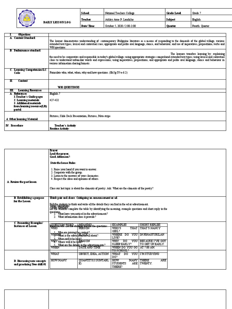 DLL in English 7 | PDF | Question | English Language