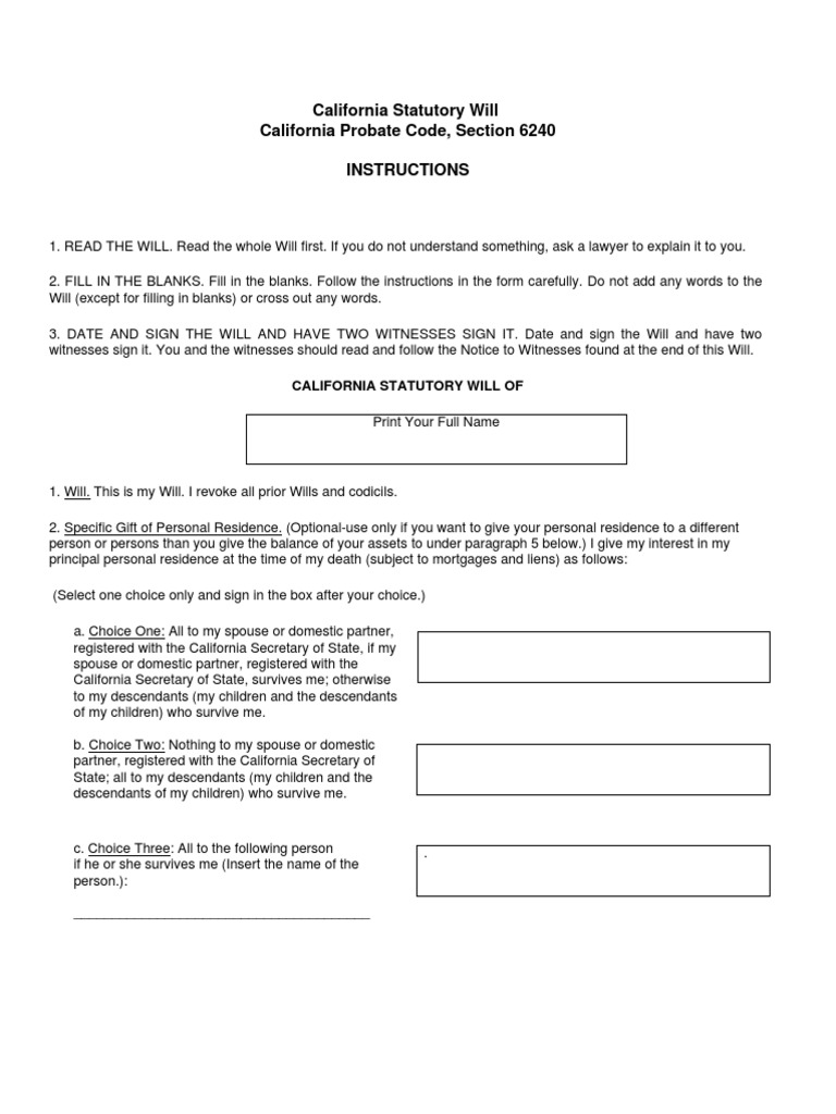 Sample Will Form Printable PDF | PDF