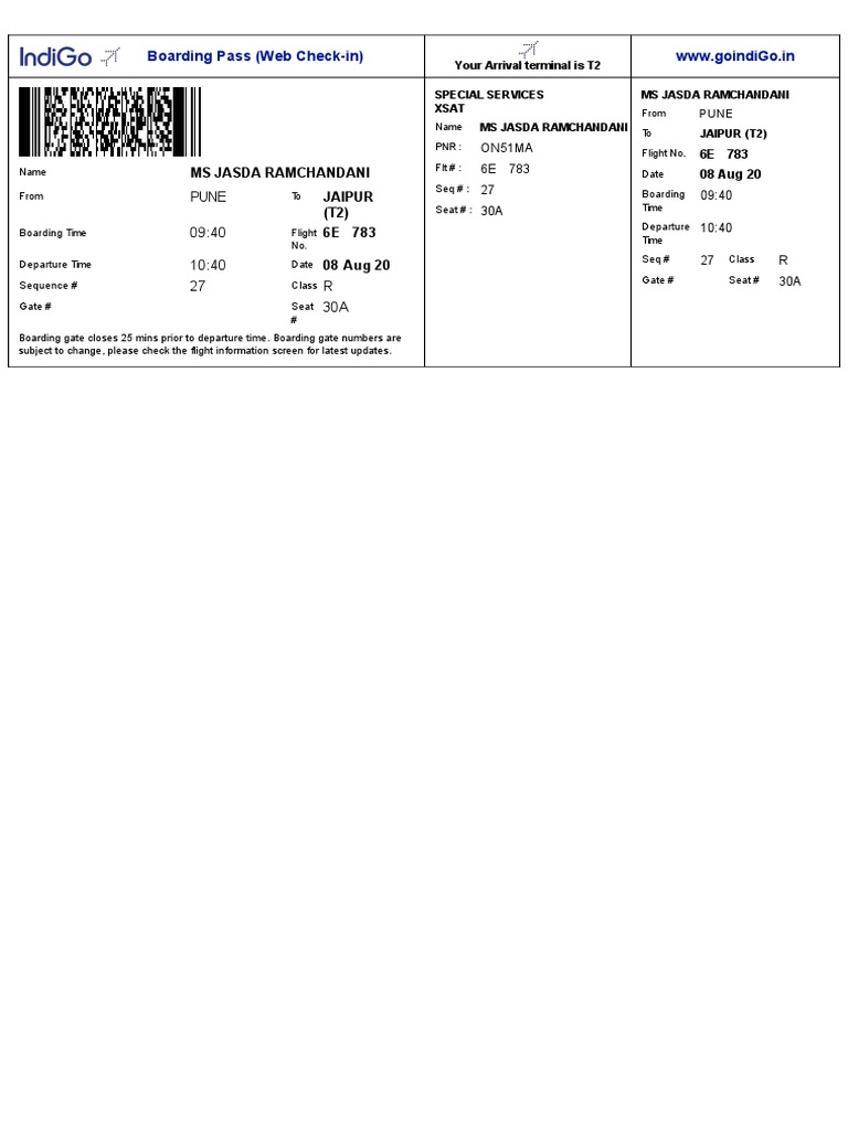 IndiGo Flight 6E 783 Boarding Pass | PDF | Aviation