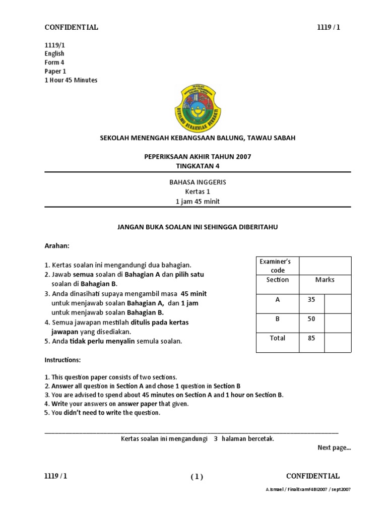 Sekolah Menengah Kebangsaan Balung, Tawau Sabah Peperiksaan Akhir Tahun ...