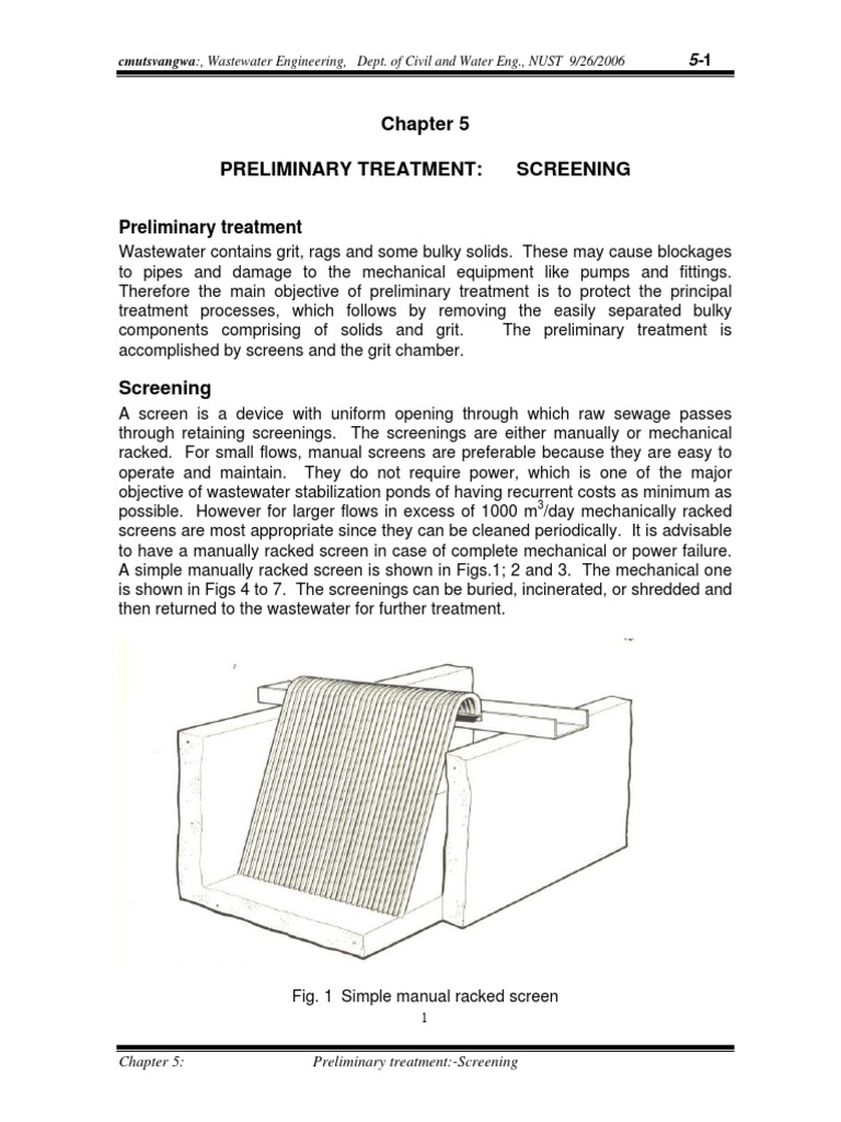 Chapt5 Preliminarytreatment Screening | PDF | Sewage Treatment | Chemical Engineering