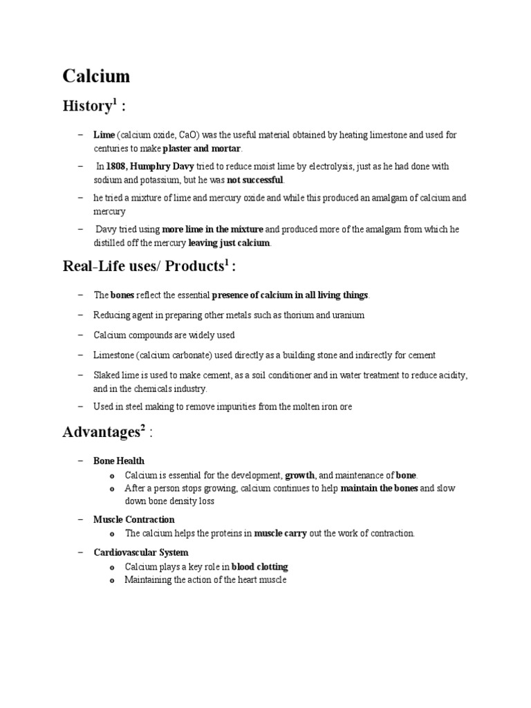 Calcium: History: - Real-Life Uses/ Products: - Advantages | PDF