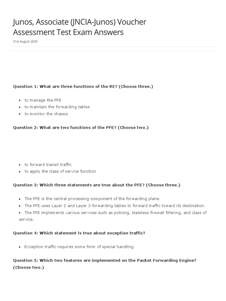 Junos, Associate (JNCIA-Junos) Voucher Assessment Test Exam Answers ...