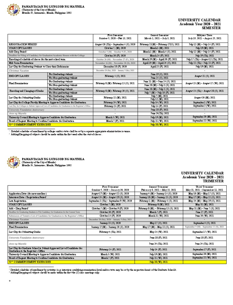 Adjusted UNIVERSITY CALENDAR For SY 2020 2021 PDF | Download Free PDF ...