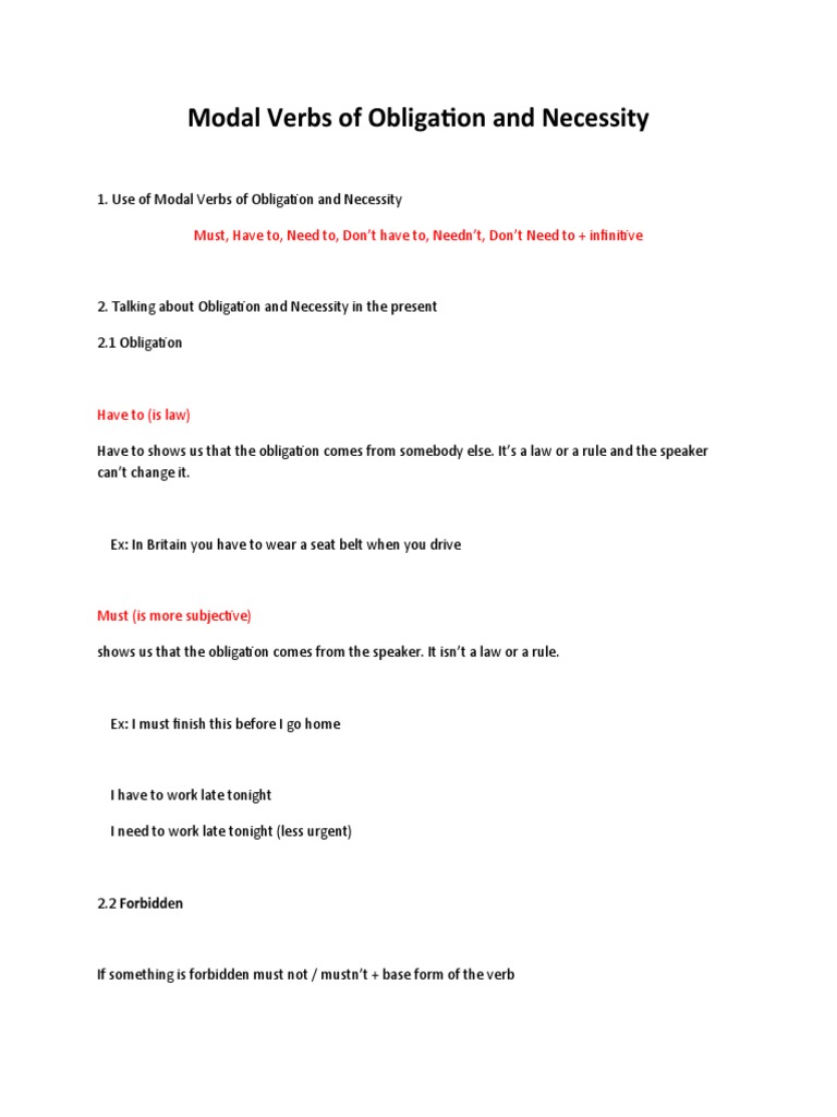 Modal Verbs of Obligation and Necessity | PDF