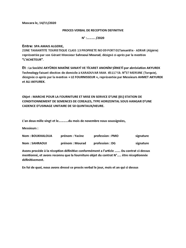 Procès Verbal de Réception Définitive | PDF
