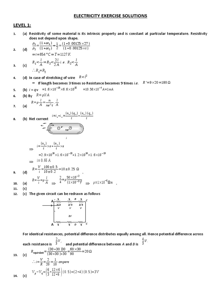 Electricity Exercise Solutions Level 1:: T 854 °C T 1127 K | PDF ...