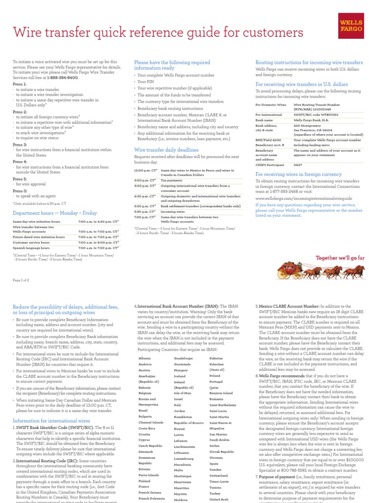 Wire Transfer Quick Reference Guide For Customers: 1-888-384-8400 ...