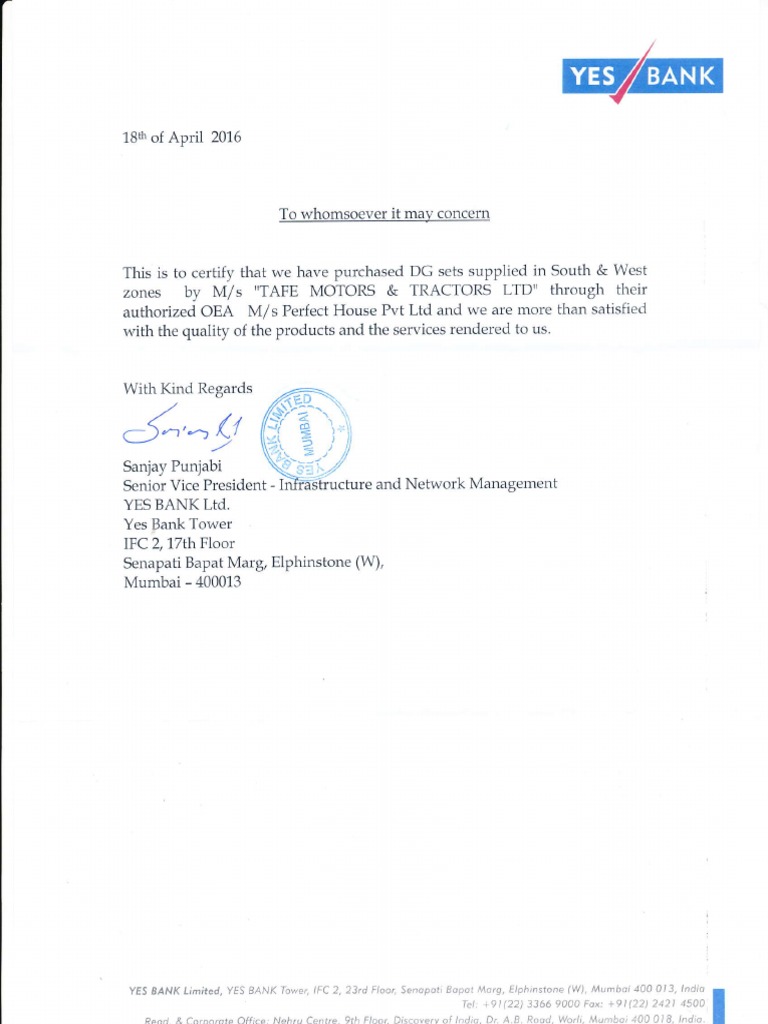 Yes Bank Satisfaction Certification Letter | PDF