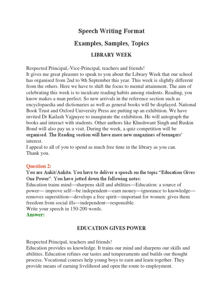 Speech Writing Format Examples, Samples, Topics: Library Week | PDF ...