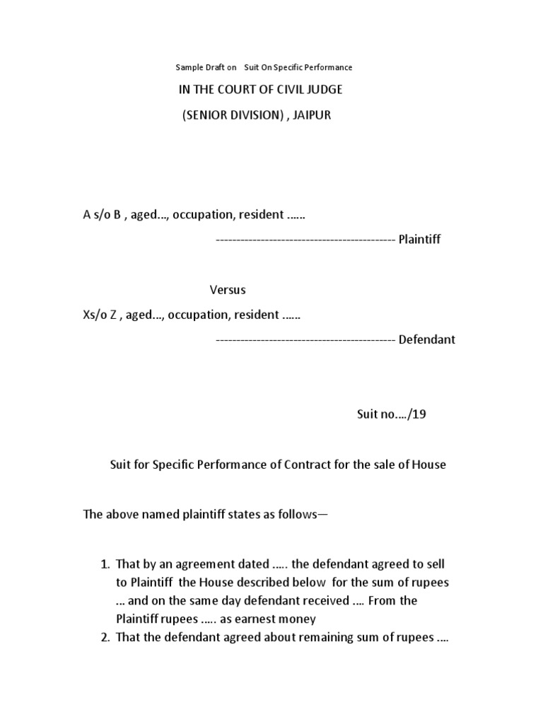 Sample Draft Suit On Specific Performance | PDF | Lawsuit | Private Law