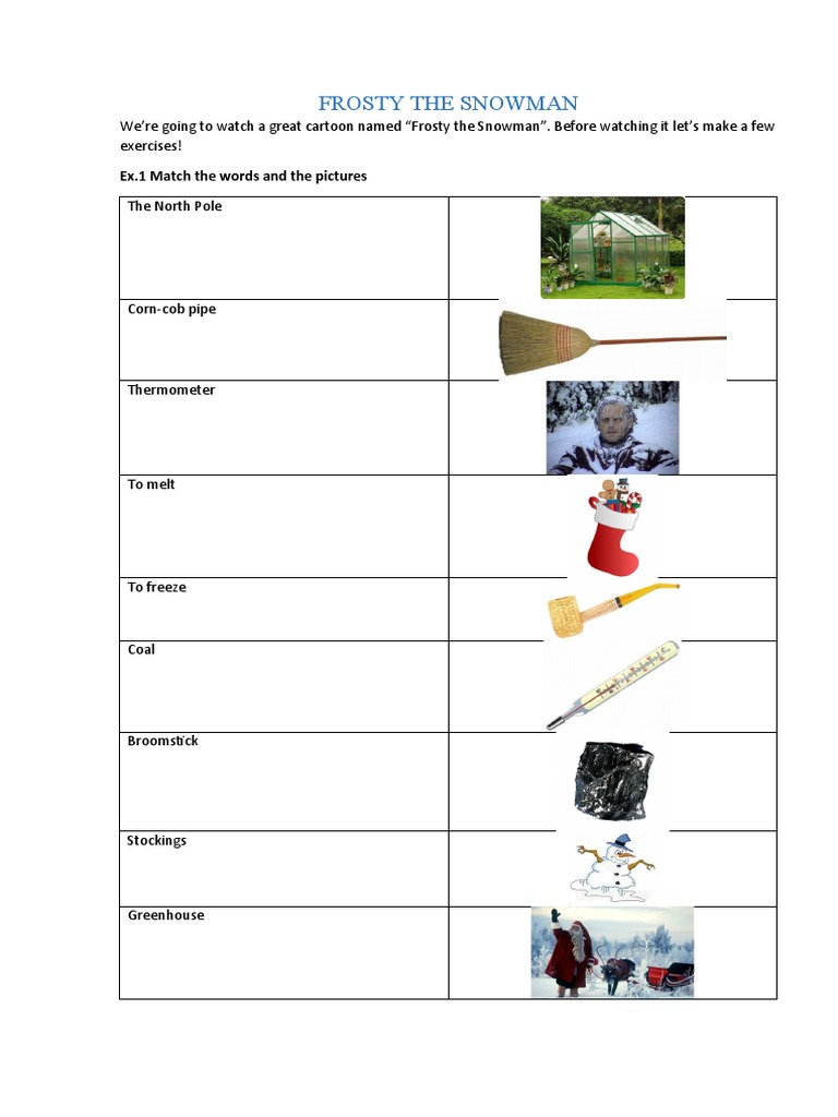 Frosty The Snowman: Ex.1 Match The Words and The Pictures | PDF ...