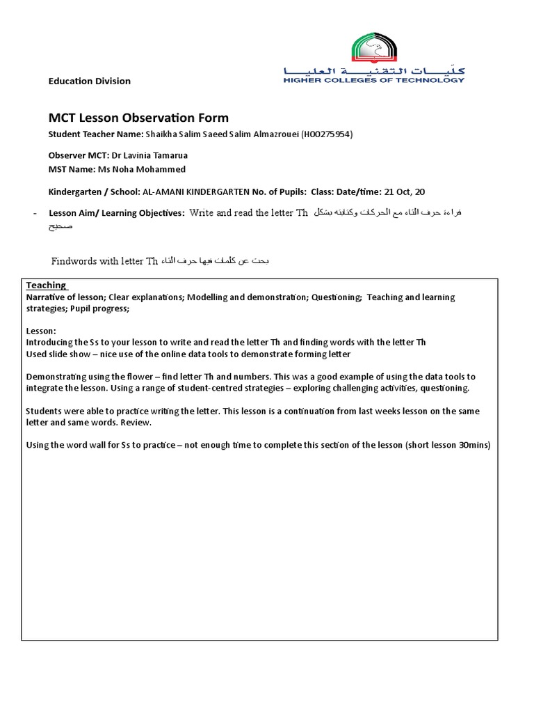 MCT Report Obs1 21oct20 | PDF | Classroom Management | Reflective Practice