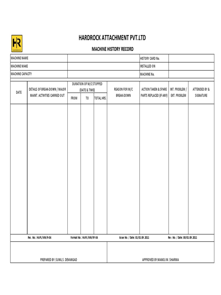 Hardrock Attachment PVT - LTD: Machine History Record | PDF