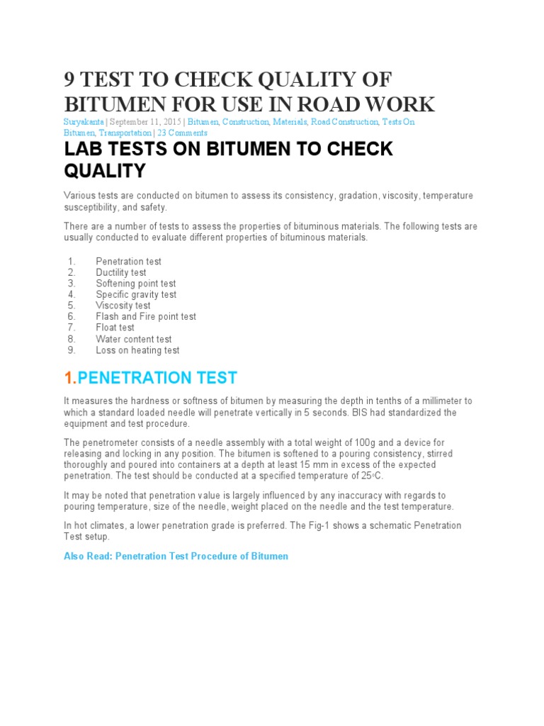 9 Test To Check Quality of Bitumen For Use in Road Work | PDF ...