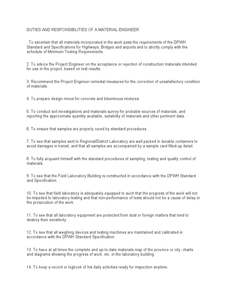 Duties and Responsibilities of A Material Engineer | PDF