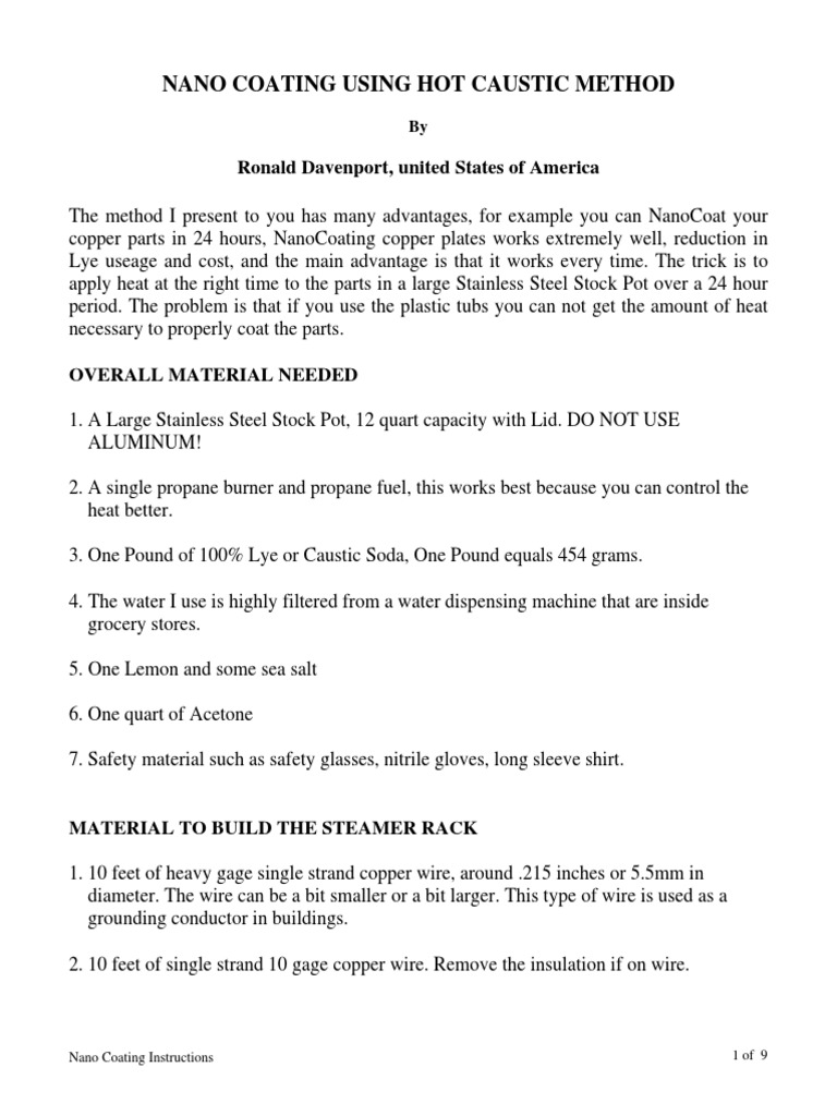 NANO COATING USING HOT CAUSTIC METHOD Rev1 12-14-2015 | PDF | Wire ...