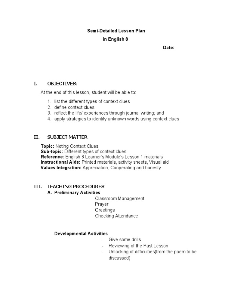 Semi Detailed Lesson Plan in English 8 | PDF | Lesson Plan ...