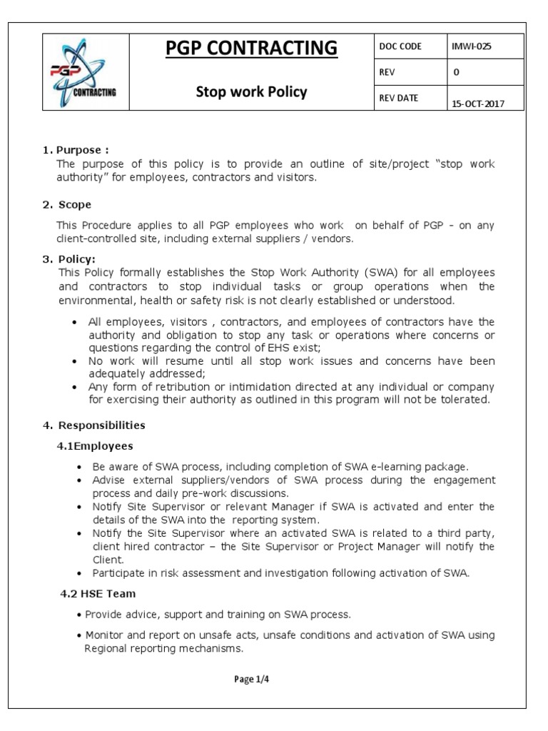 PGP Contracting: Stop Work Policy | PDF | Risk | Business