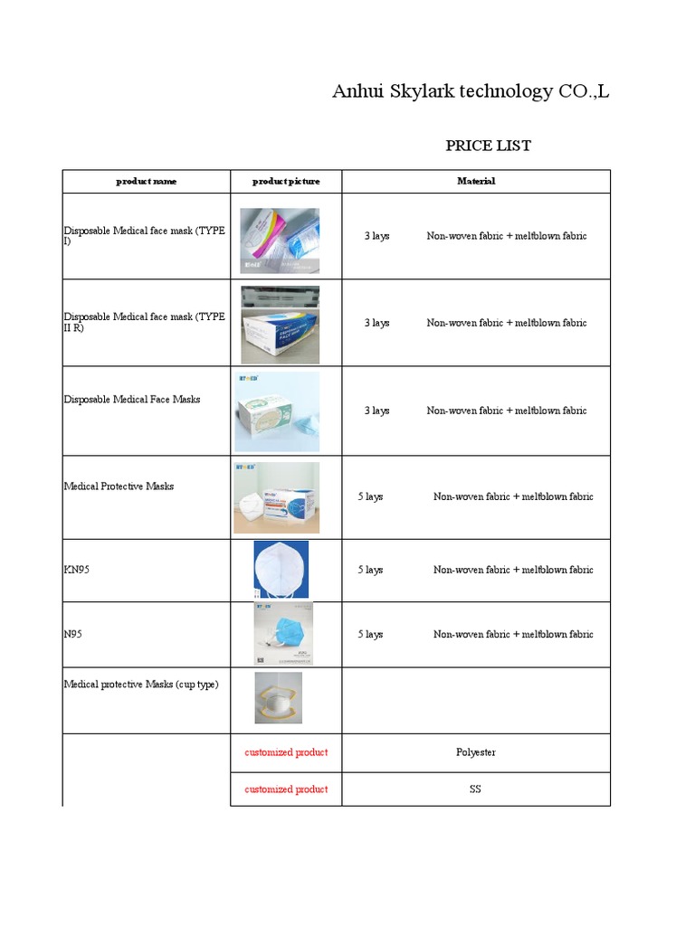 Anhui Skylark Technology CO.,LTD.: Price List | PDF | Nonwoven Fabric | Softlines (Retail)