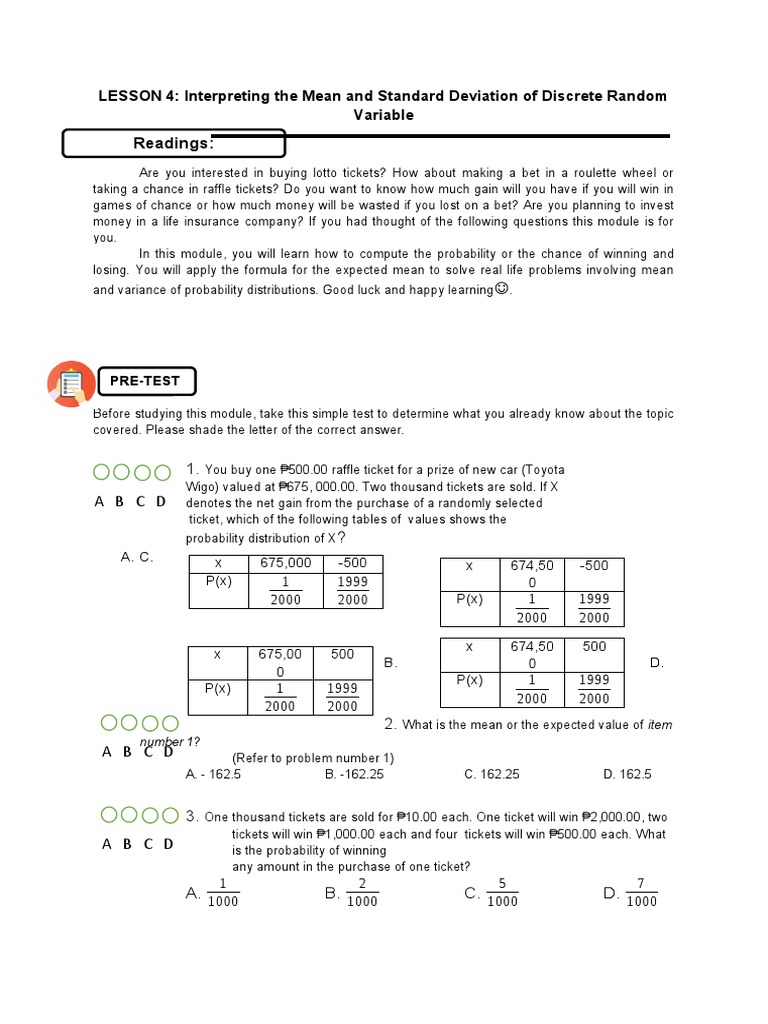 Week 4 Statistics and Probability | PDF | Expected Value | Mean