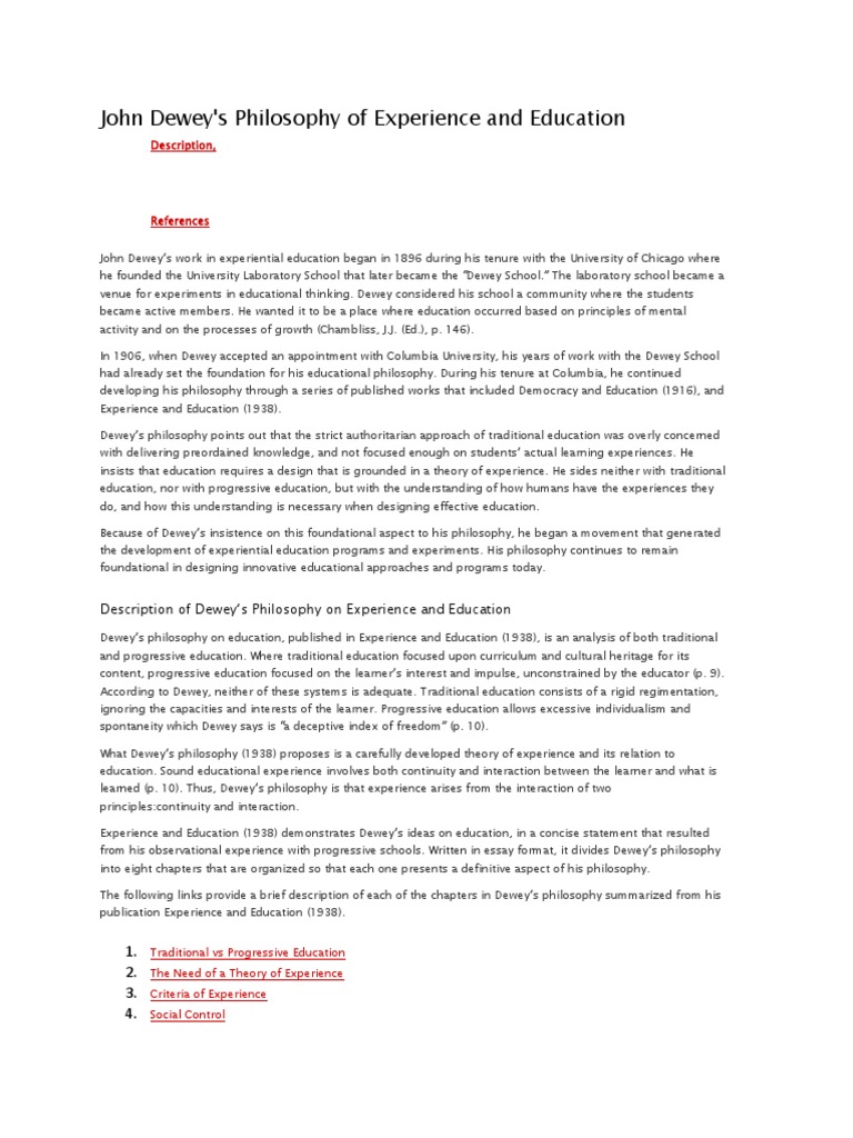 John Dewey's Philosophy of Experience and Education: Description | PDF ...