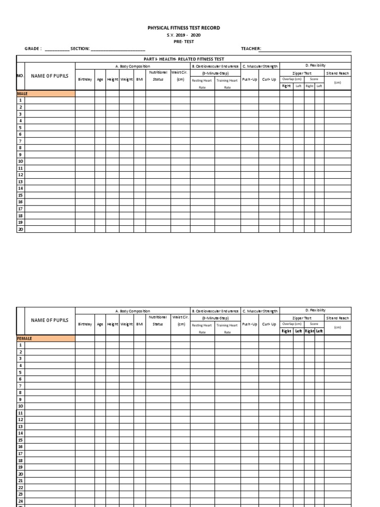 Physical Fitness Test Record Sheet | PDF | Body Shape | Hobbies