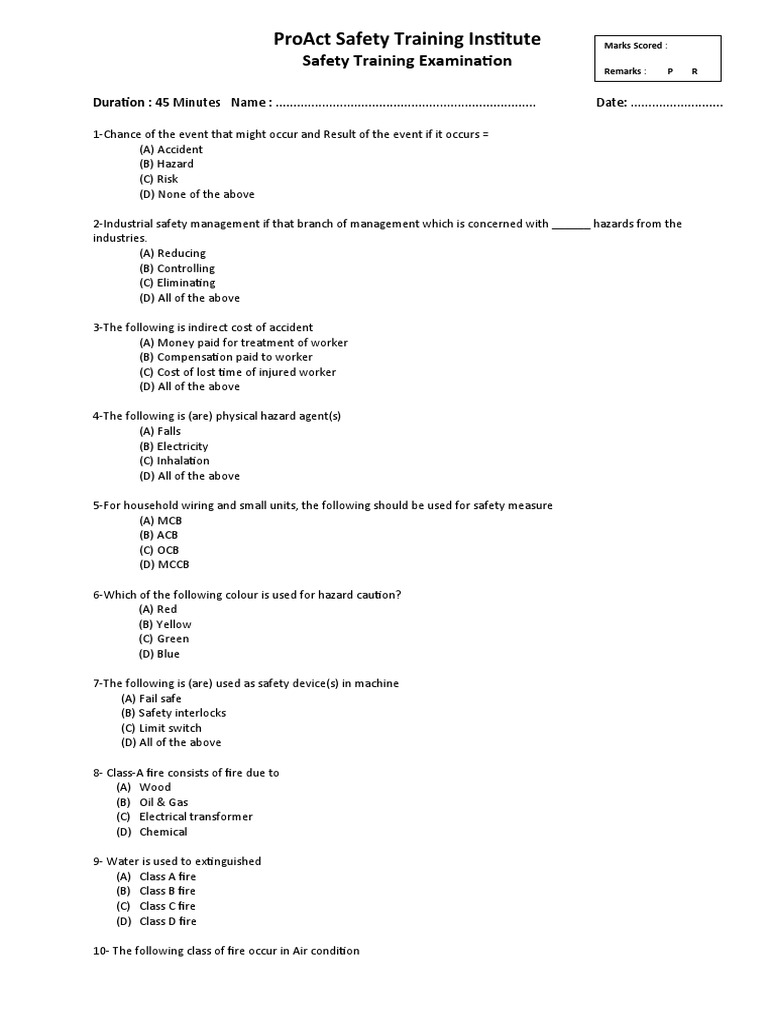 Multiple Choise Questions Safety | PDF | Fires | Prevention