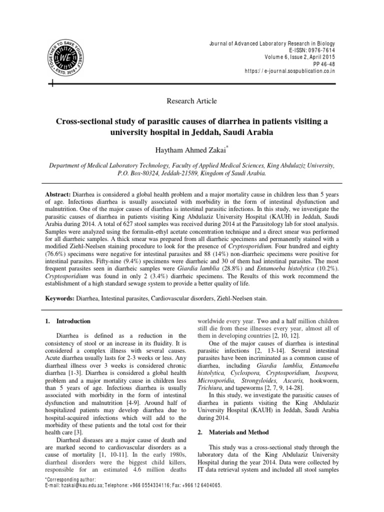 Cross-Sectional Study of Parasitic Causes of Diarrhea in Patients ...