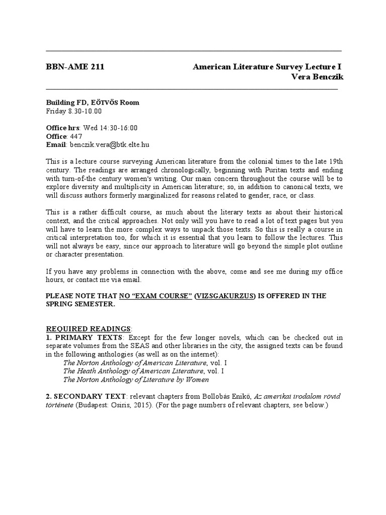 American Literature Survey Course Overview | PDF | American Literature ...
