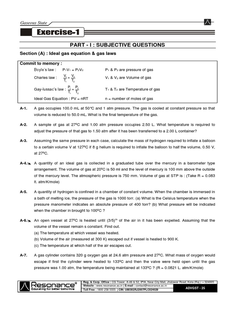 Gaseous State (Ideal Gases) Exercise With Sol. | PDF | Gases | Pressure