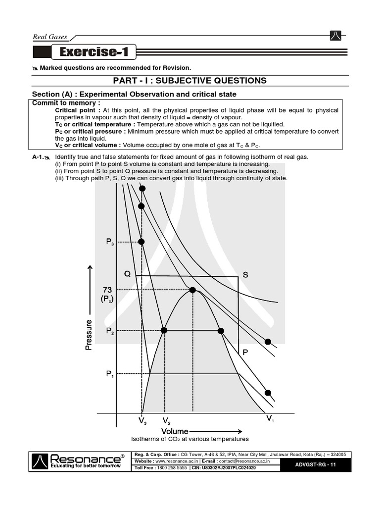 Gaseous State (Real Gas) Exercise | PDF | Gases | Intermolecular Force