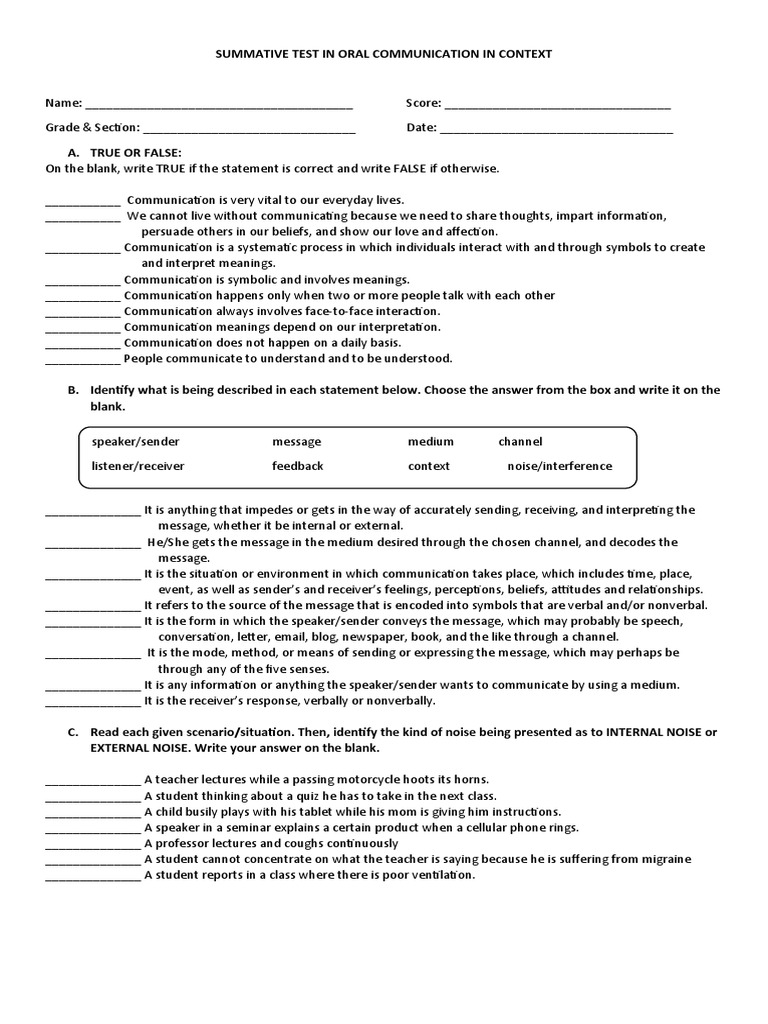 Grade 11 Oral Communication Test | PDF | Cybernetics | Communication