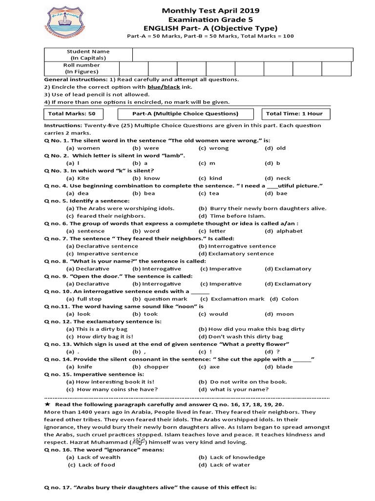 Grade 5 English Monthly Test April 2019 | PDF | Multiple Choice
