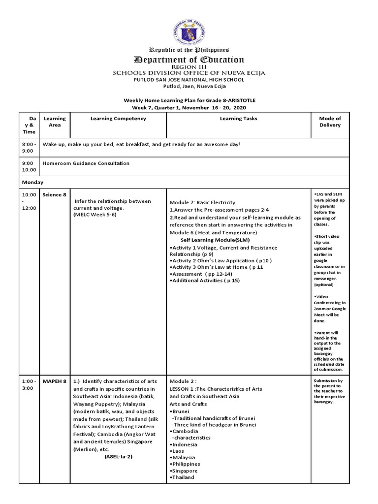 Grade 8 Week 7 Weekly Home Learning Plan | PDF