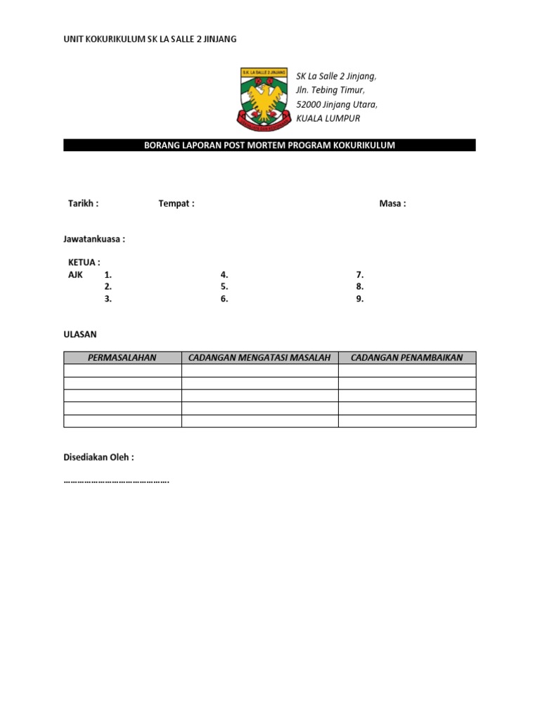 Borang Laporan Post Mortem Program Kokurikulum | PDF